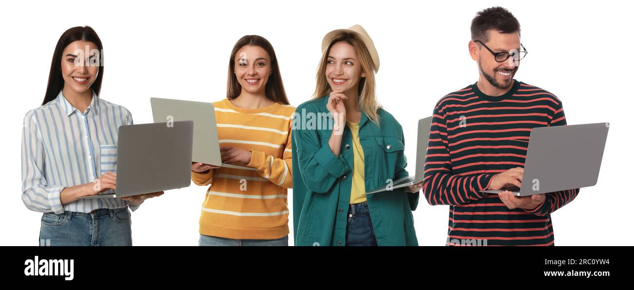 Group of people with laptops on white background Stock Photo - Alamy