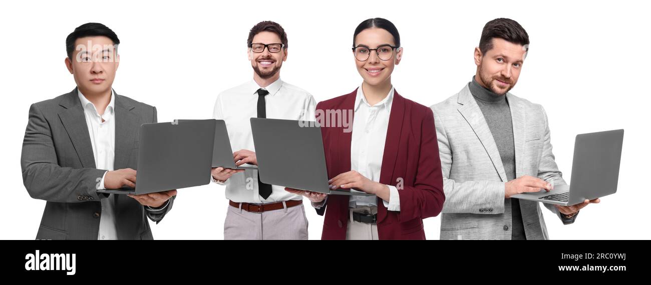 Group of people with laptops on white background Stock Photo - Alamy
