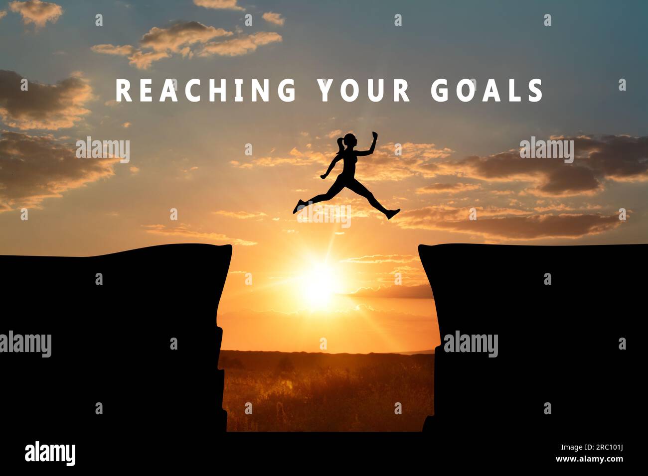 Concept of reaching life and business goals. Silhouette of woman ...