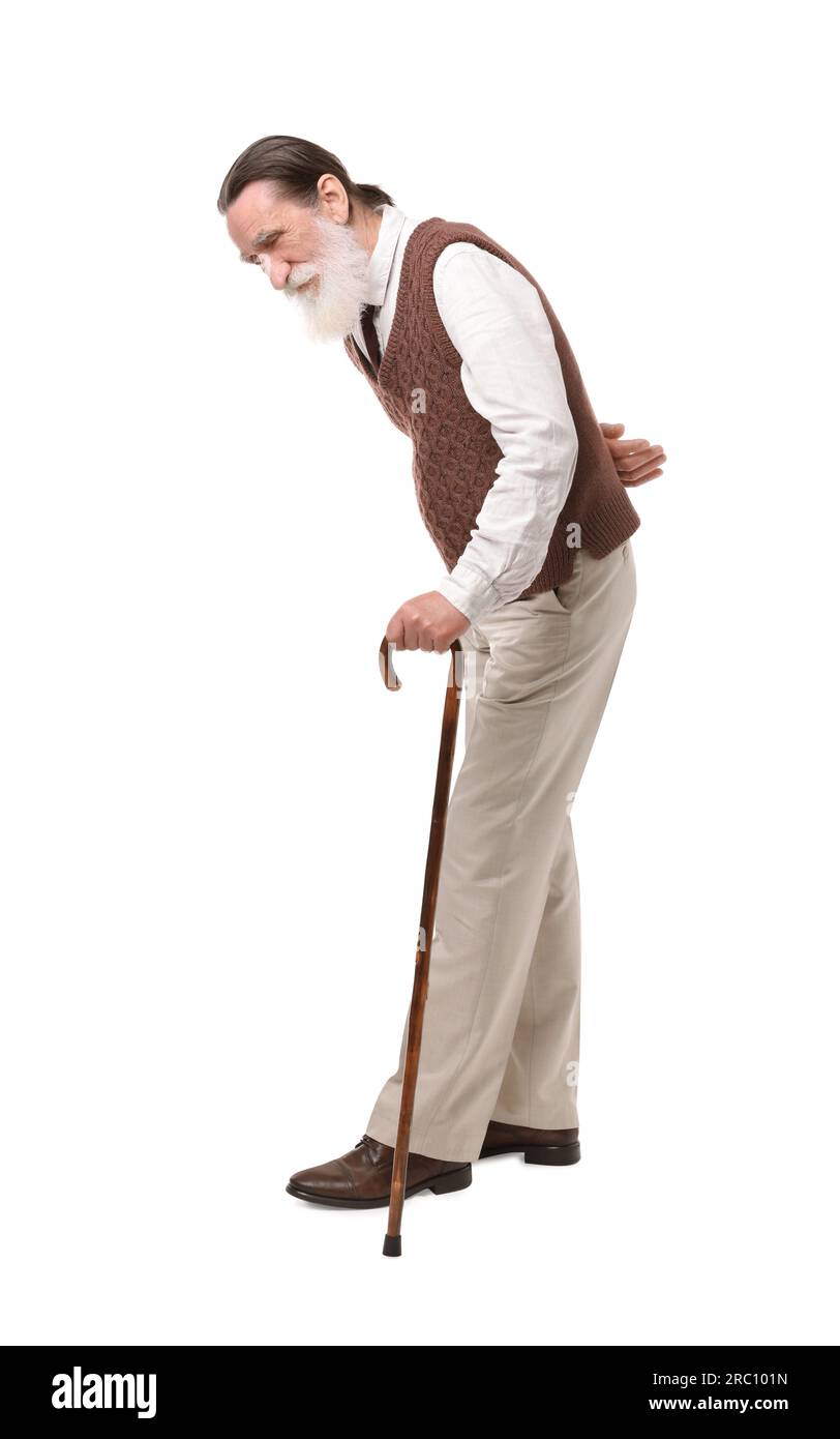 Senior man with walking cane on white background Stock Photo - Alamy