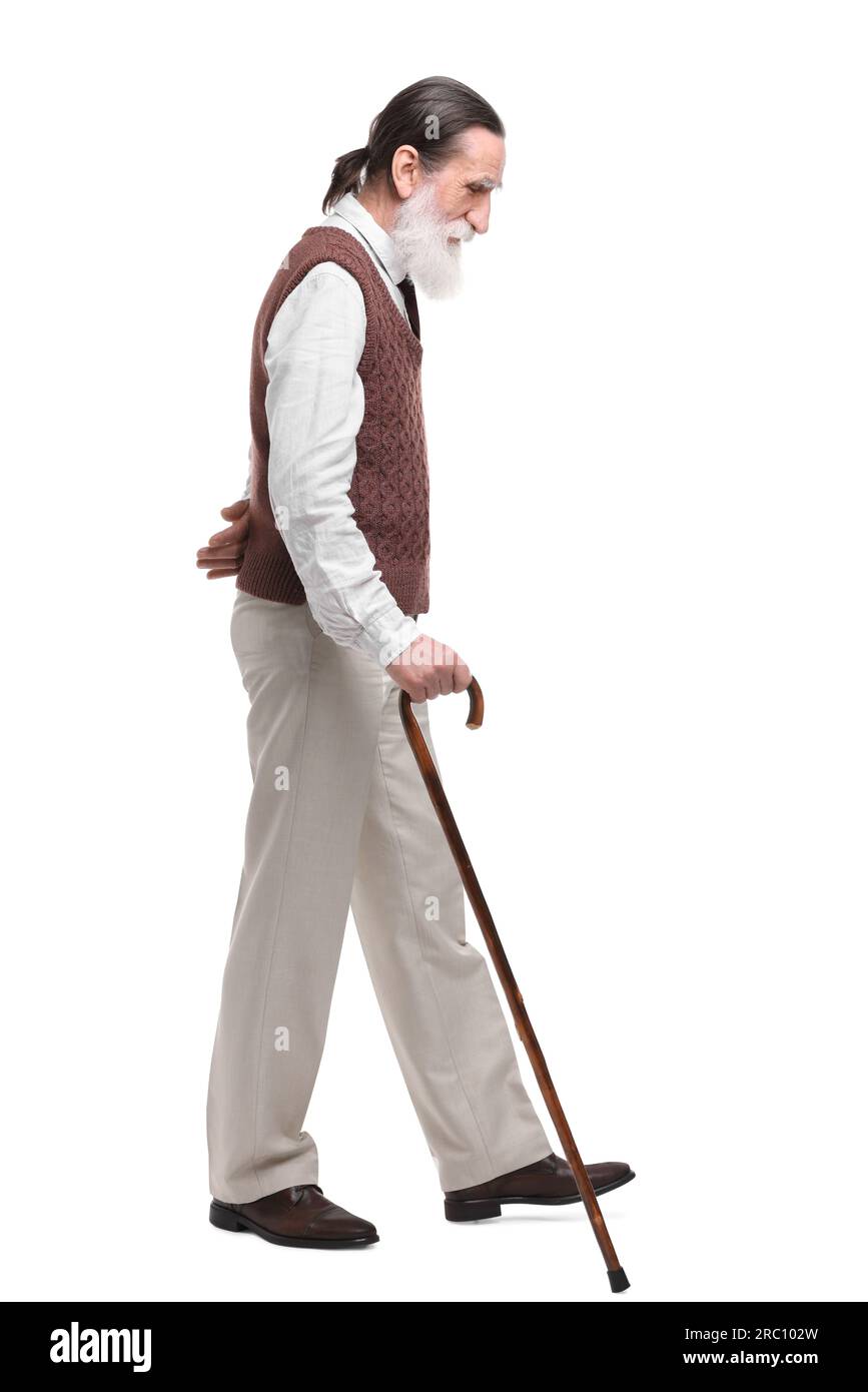 Senior man with walking cane on white background Stock Photo - Alamy
