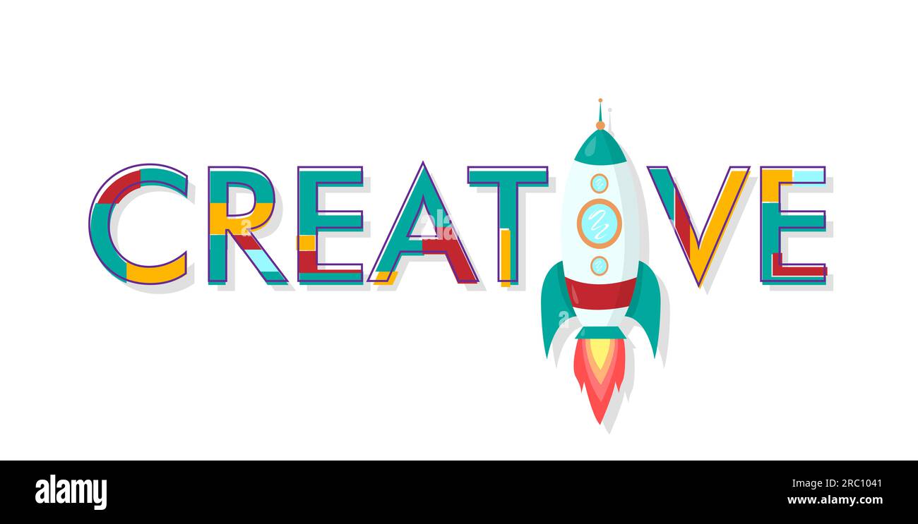 Word Creative with illustration of rocket instead of letter I on white ...