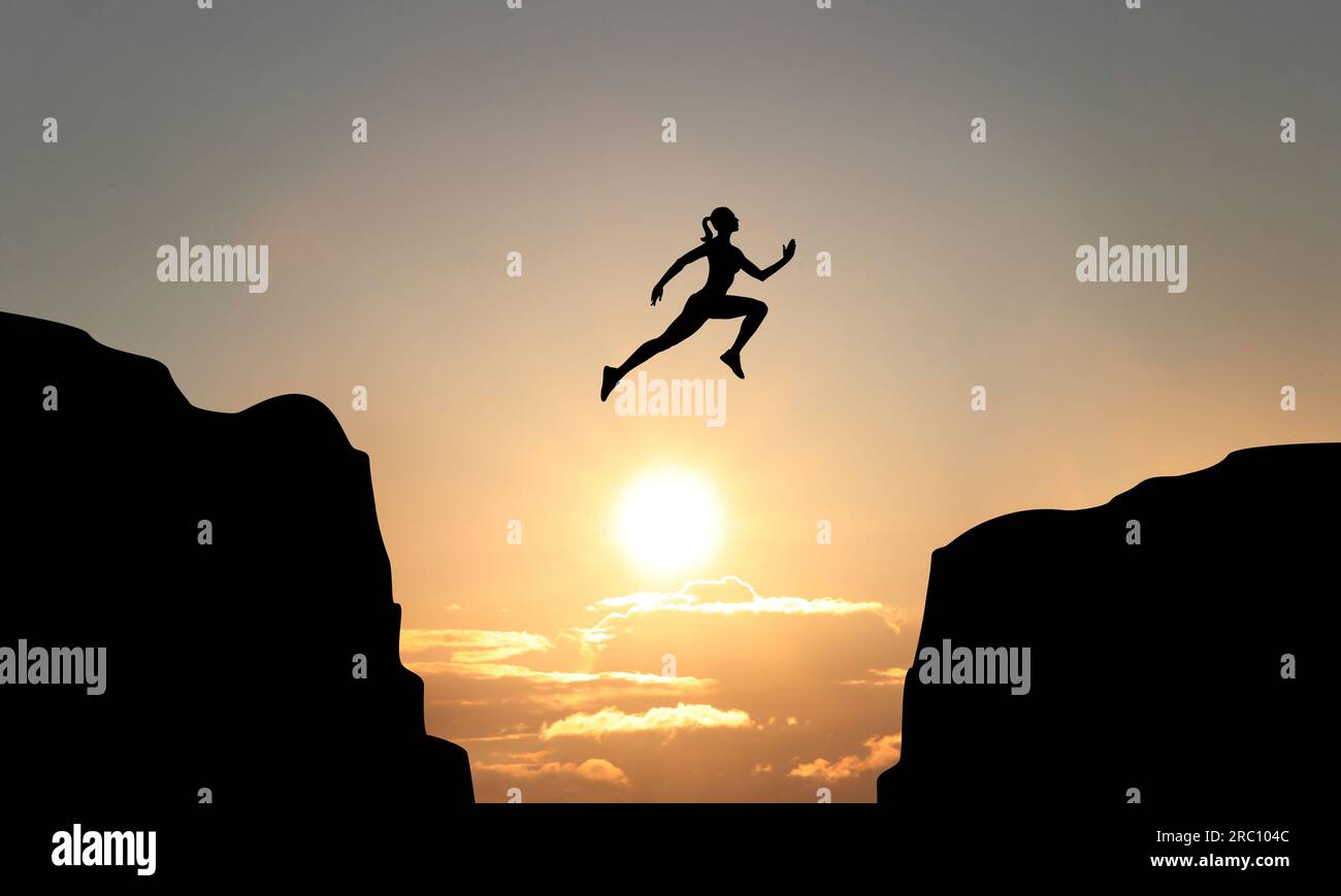 Concept of reaching life and business goals. Silhouette of woman ...