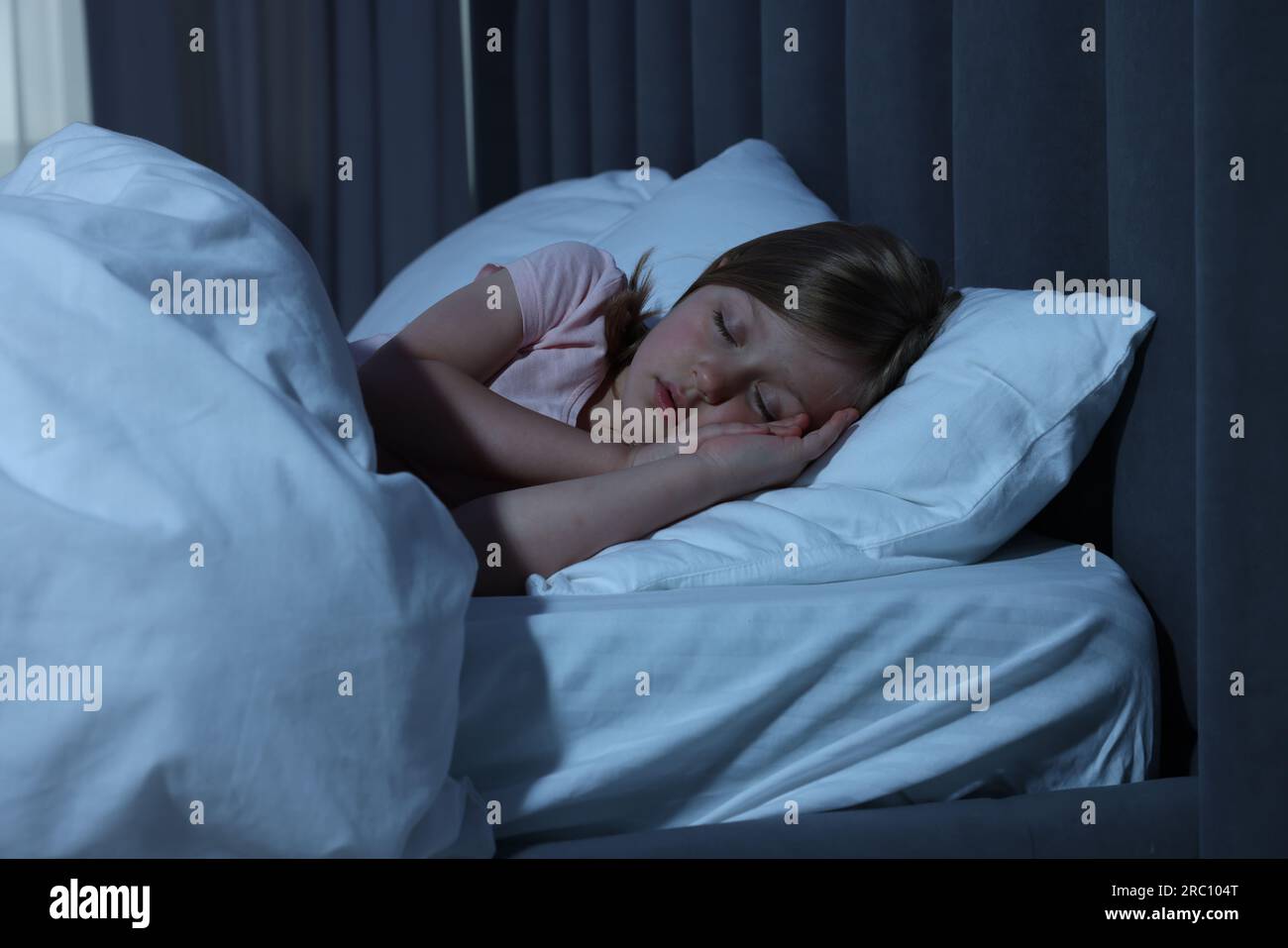 Little girl snoring while sleeping in bed at home Stock Photo - Alamy