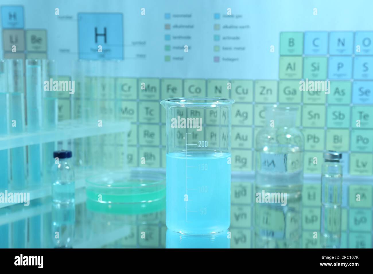 Beaker on mirror surface against periodic table of chemical elements ...