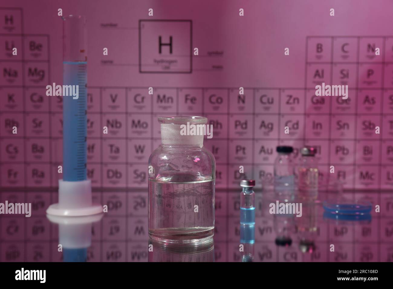 Graduated cylinder and bottles on mirror surface against periodic table ...