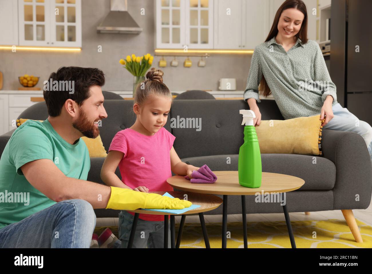 Spring cleaning. Parents with their daughter tidying up living room ...