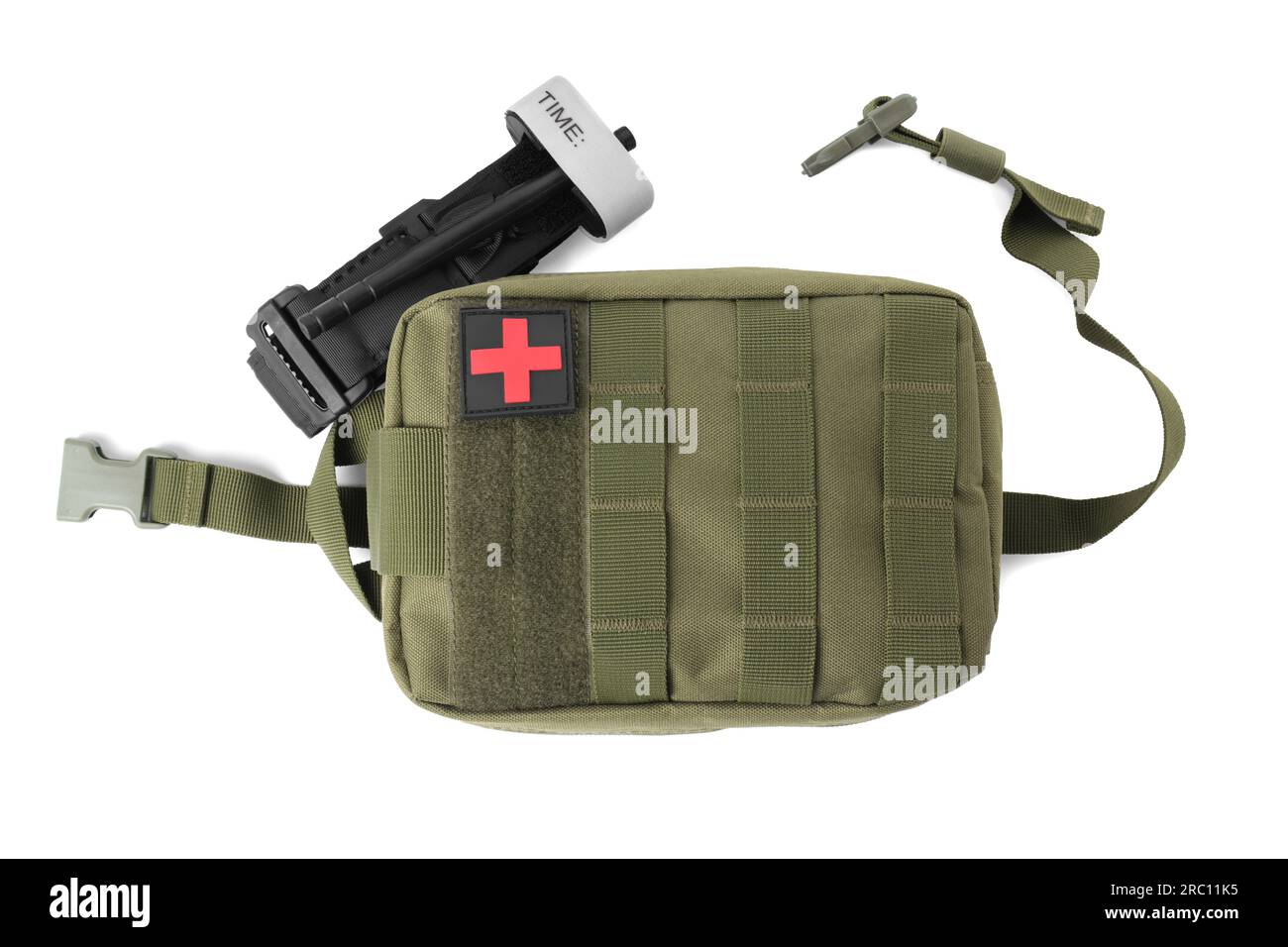 Military first aid kit and tourniquet on white background, top view ...