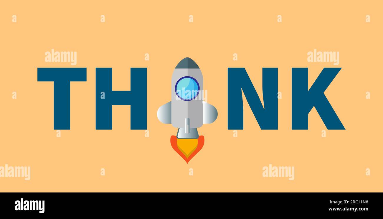 Word Think with illustration of rocket instead of letter I on pale ...
