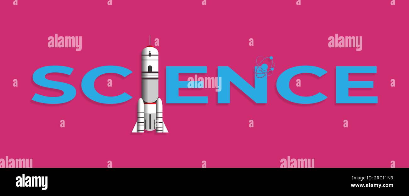 Word Science with illustration of rocket instead of letter I on bright ...