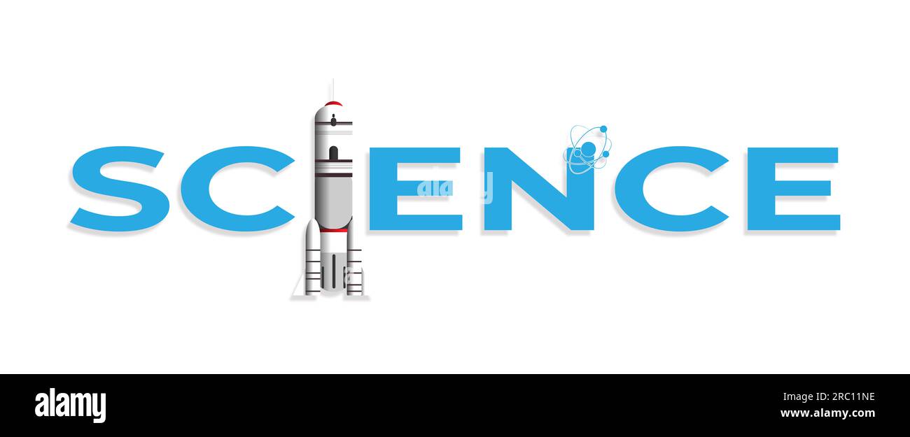 Word Science with illustration of rocket instead of letter I on white ...