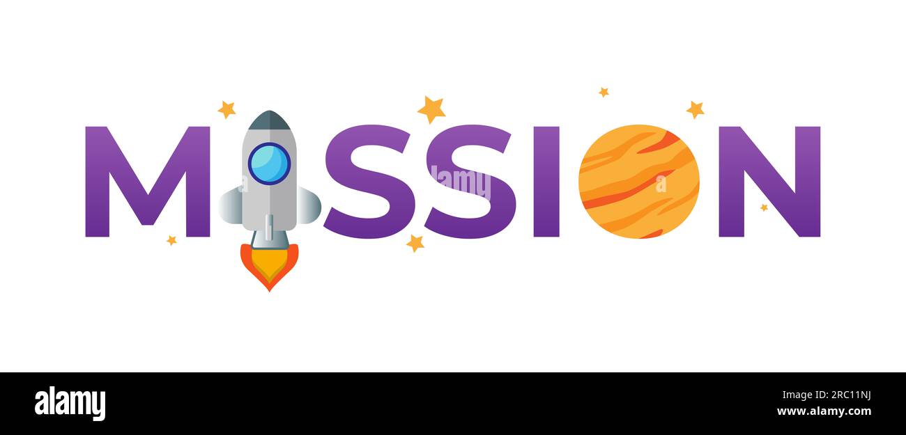 Word Mission with illustrations of rocket and planet instead of letters ...