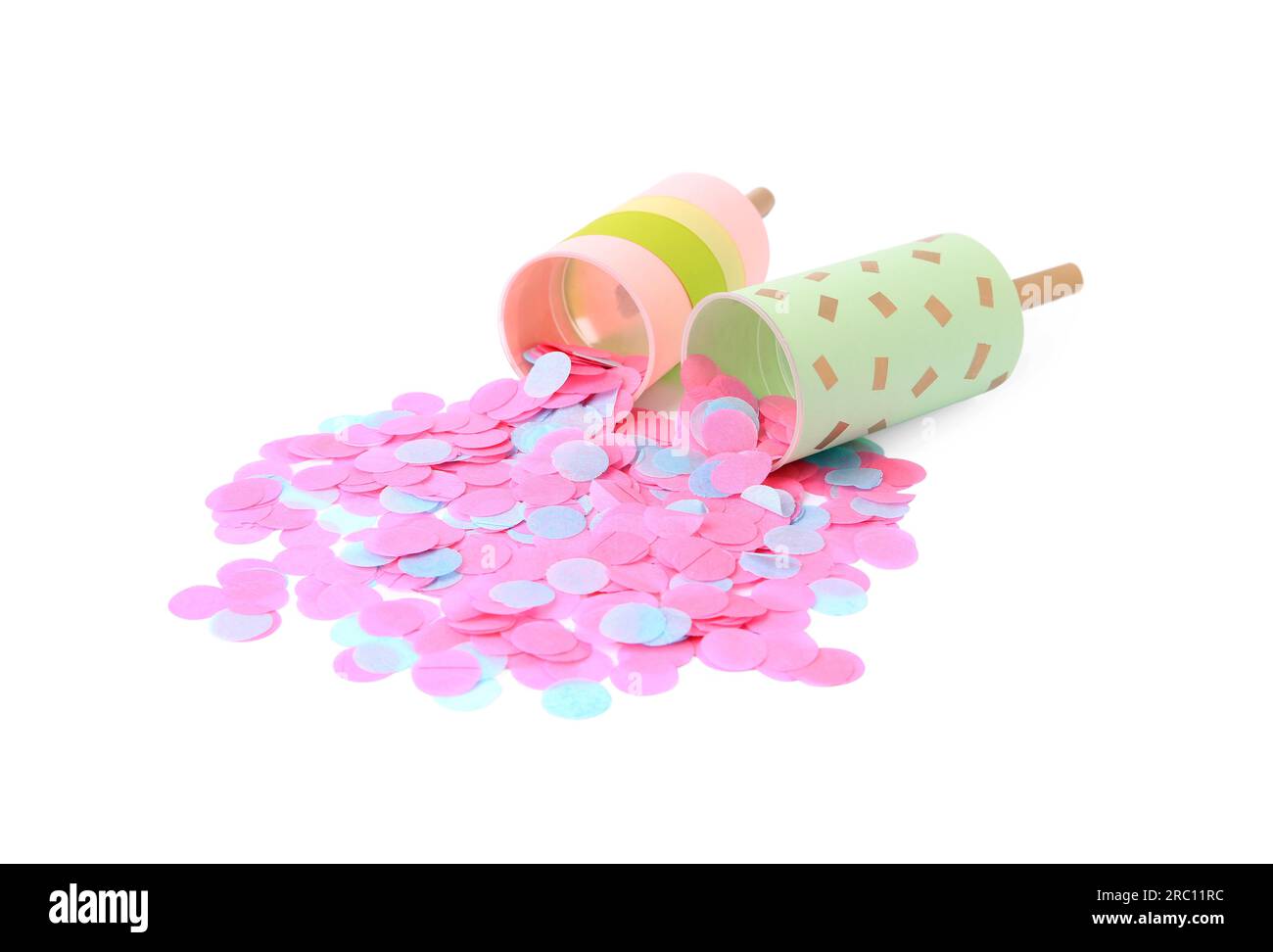 Colorful confetti with pink party crackers isolated on white Stock ...