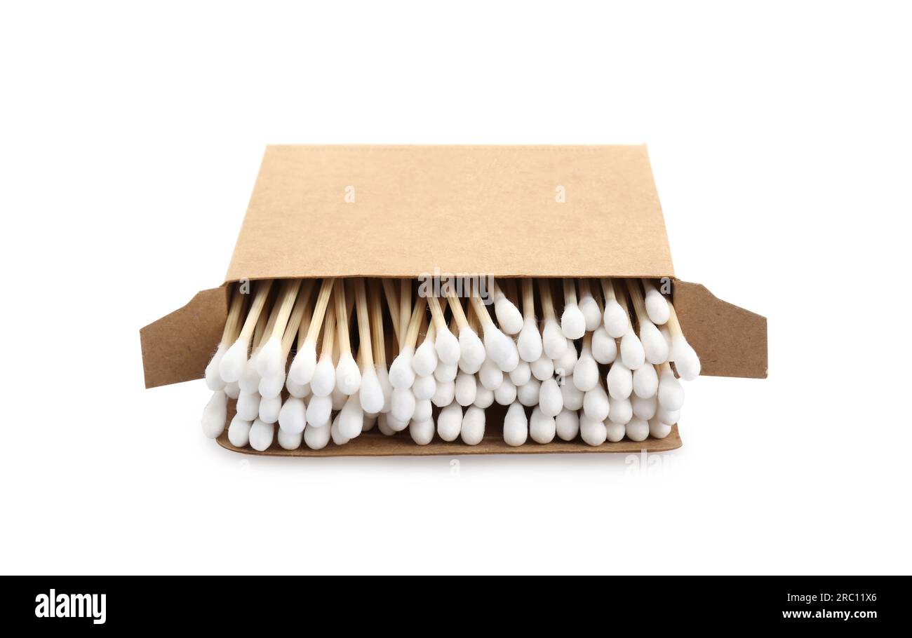 Cardboard box with cotton buds isolated on white Stock Photo - Alamy