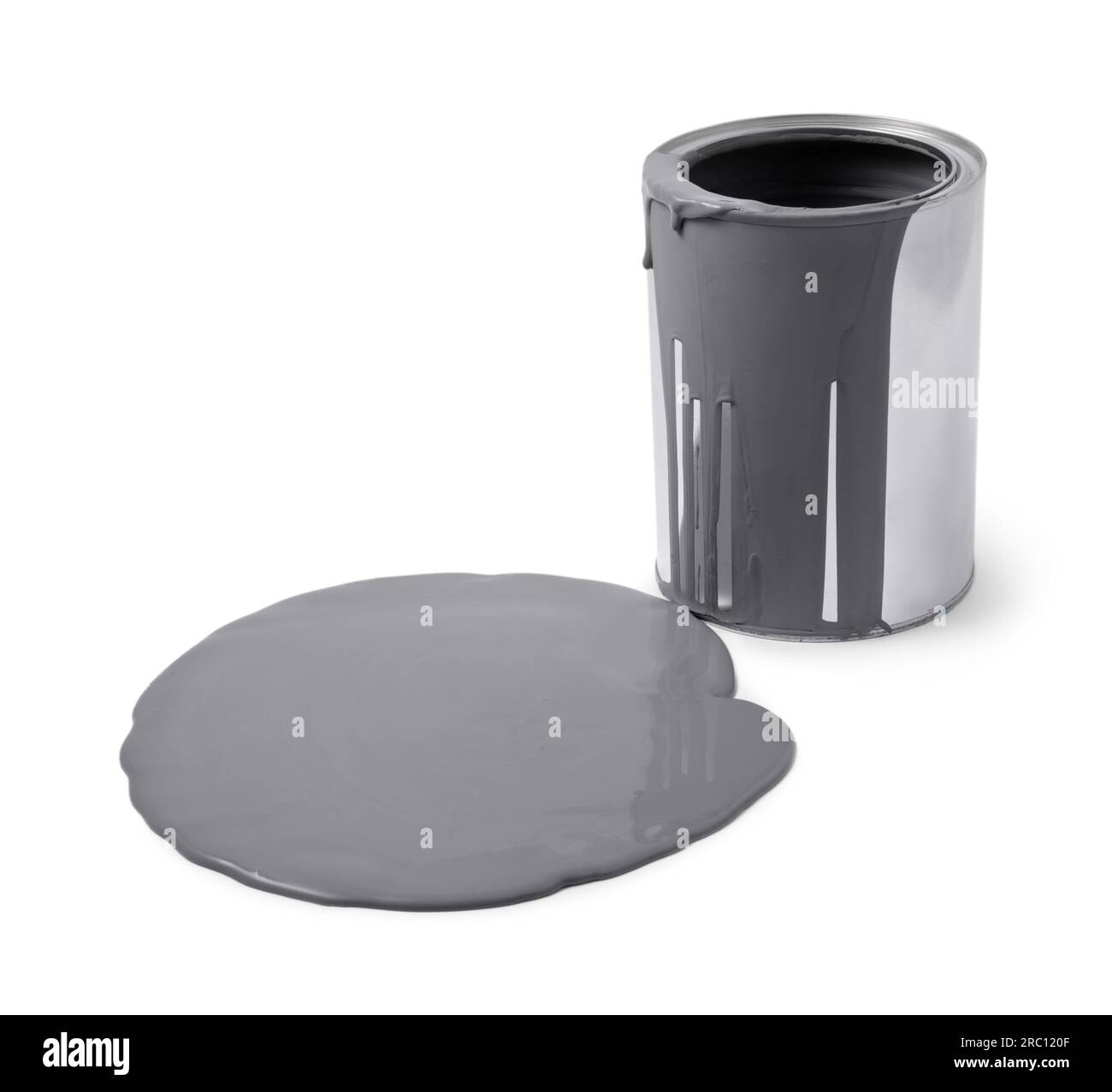 Spilled grey paint and can on white background Stock Photo - Alamy