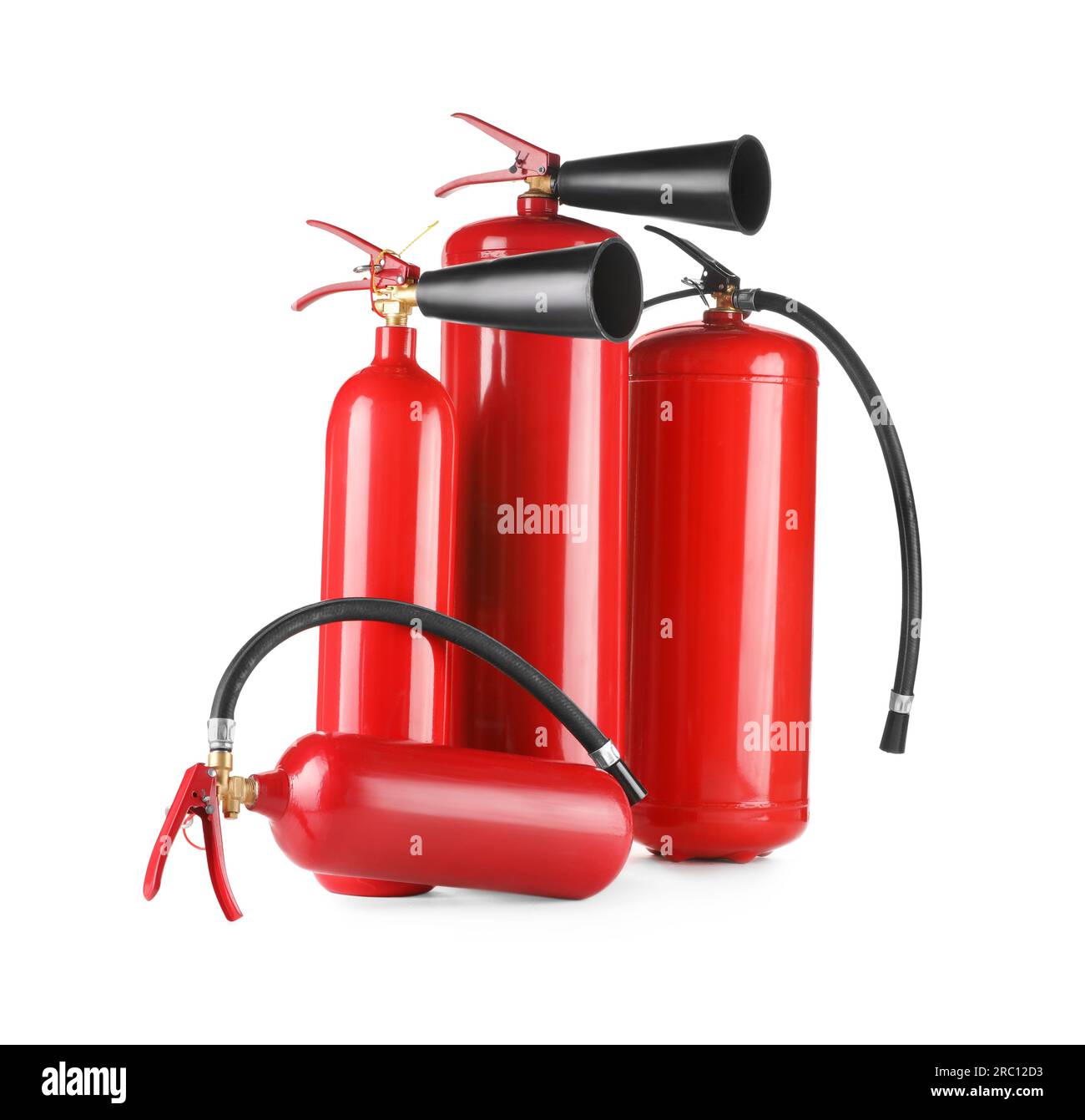 Many red fire extinguishers on white background Stock Photo - Alamy