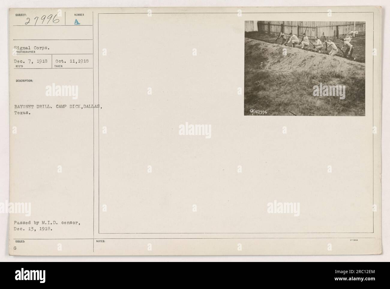Soldiers at Camp Dick in Dallas, Texas, practicing bayonet drill on October 11, 1918. The ...