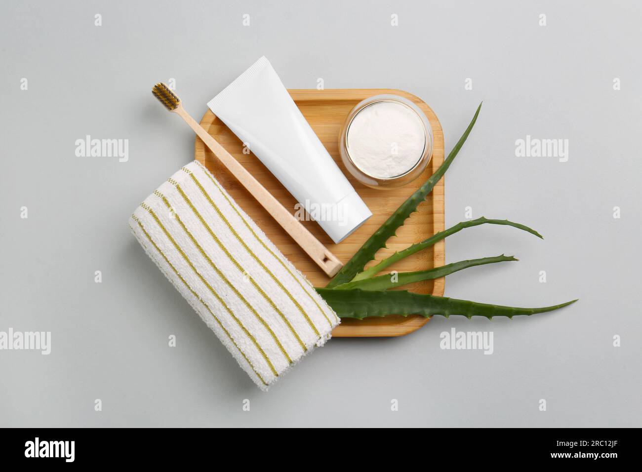 Tube of toothpaste, fresh aloe and care products on light grey ...