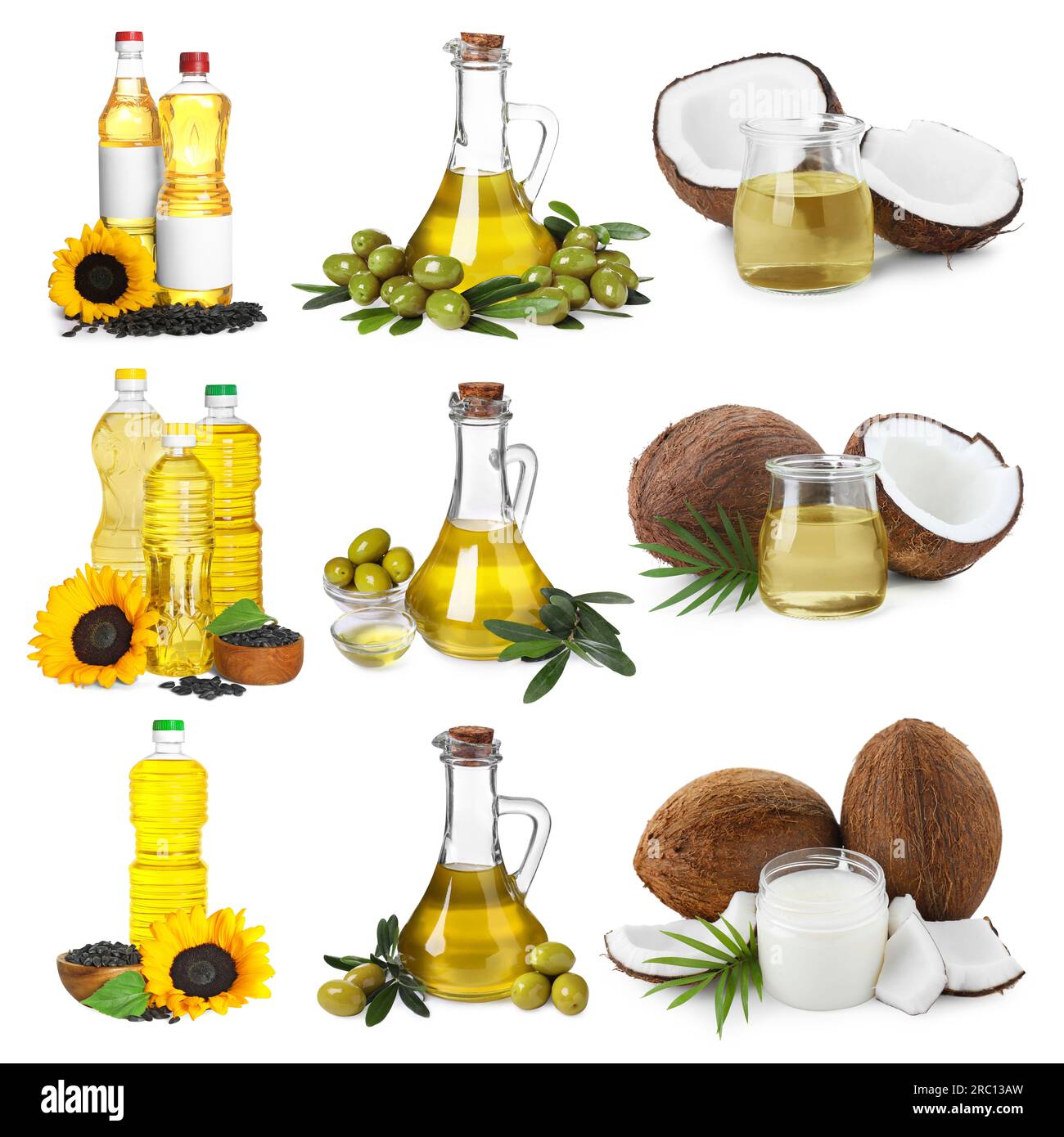 Collage with sunflower, avocado, coconut and olive oils isolated on ...