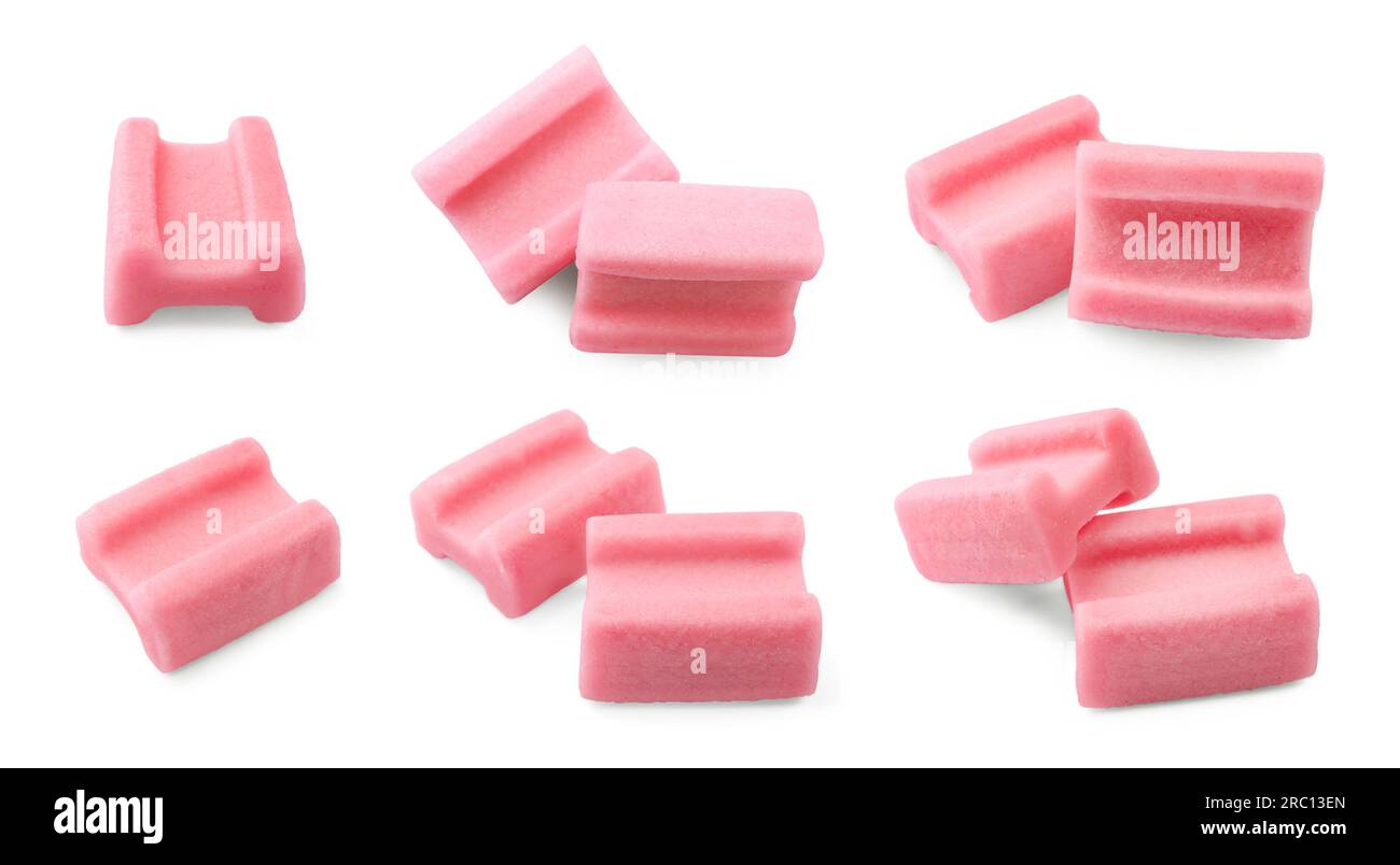 Set of tasty pink bubble gums on white background Stock Photo - Alamy