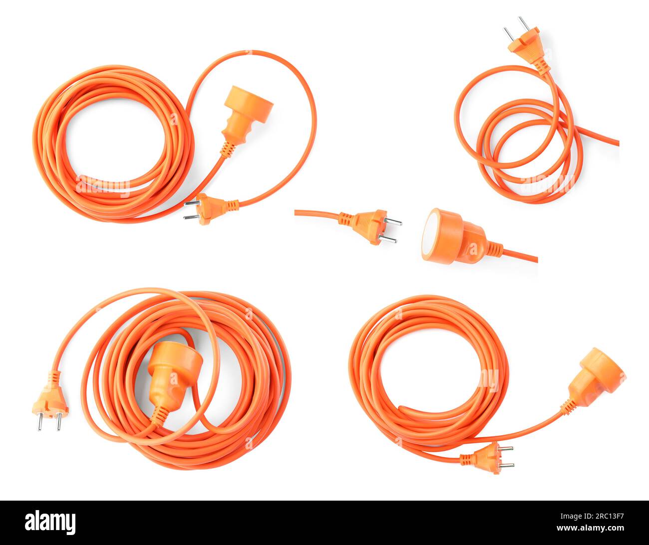 Collage with orange extension cord on white background, top view ...