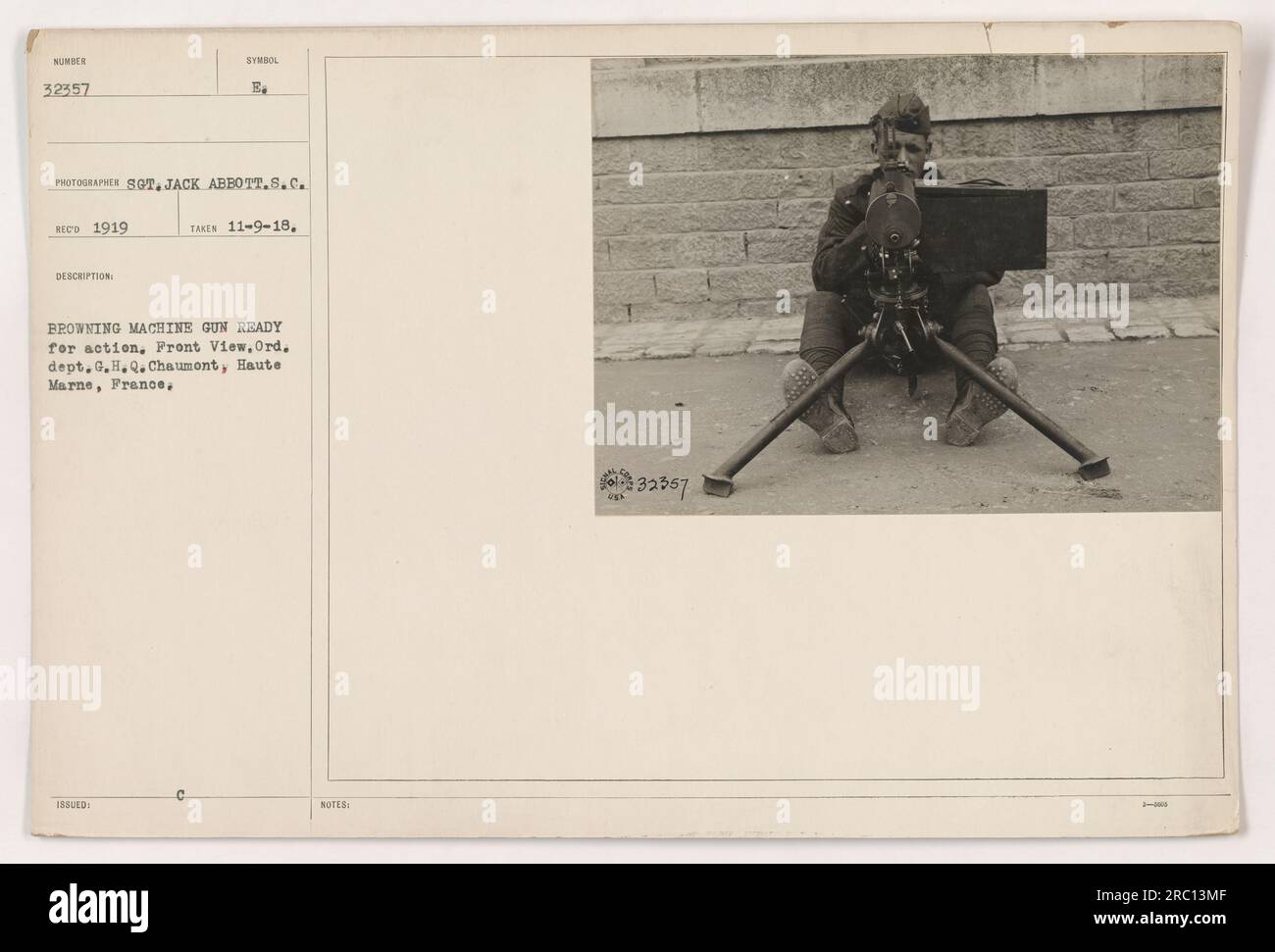 Front view of a Browning machine gun, ready for action at G.H.Q ...