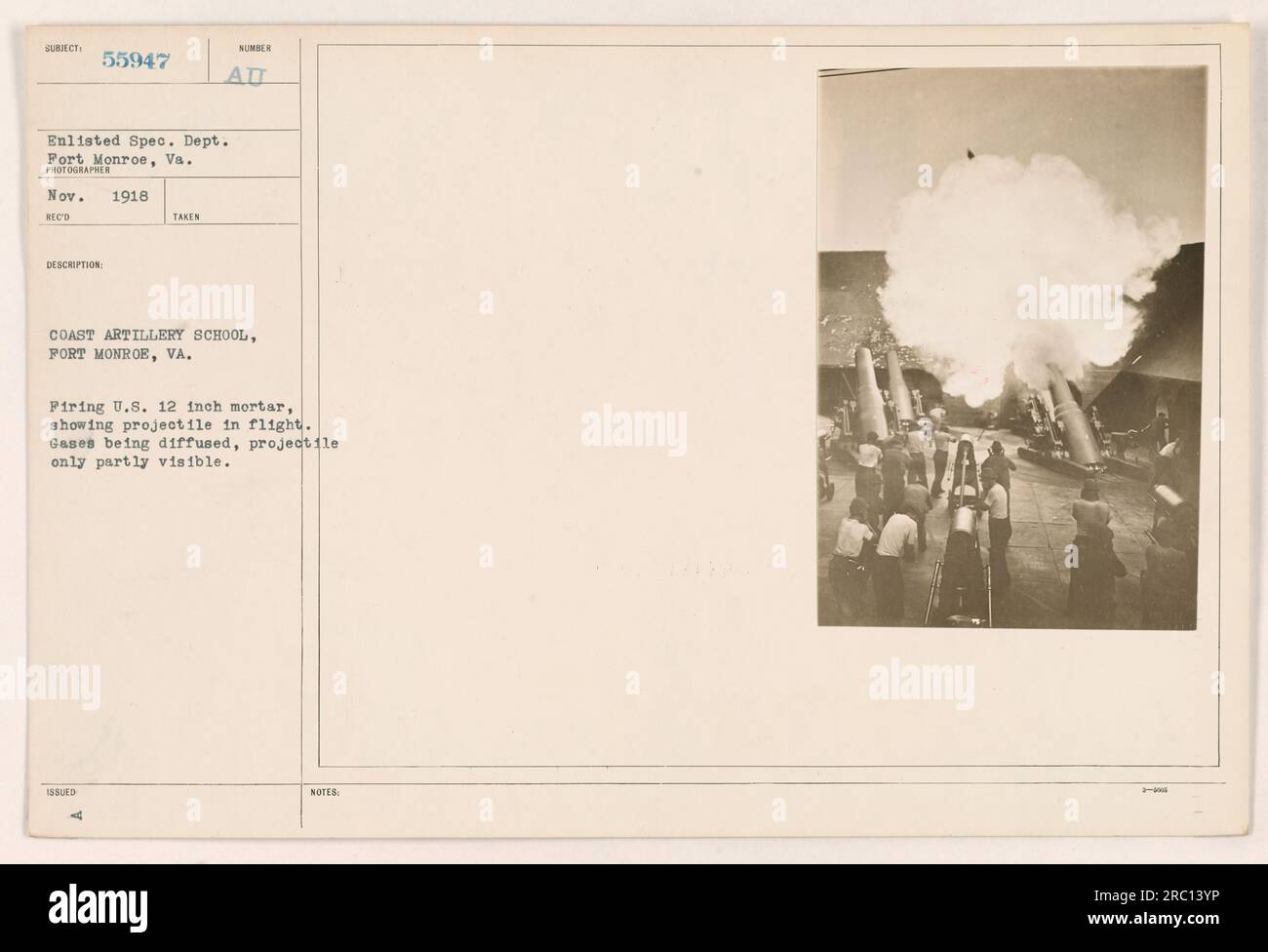 Firing of a 12-inch mortar at the Coast Artillery School in Fort Monroe ...