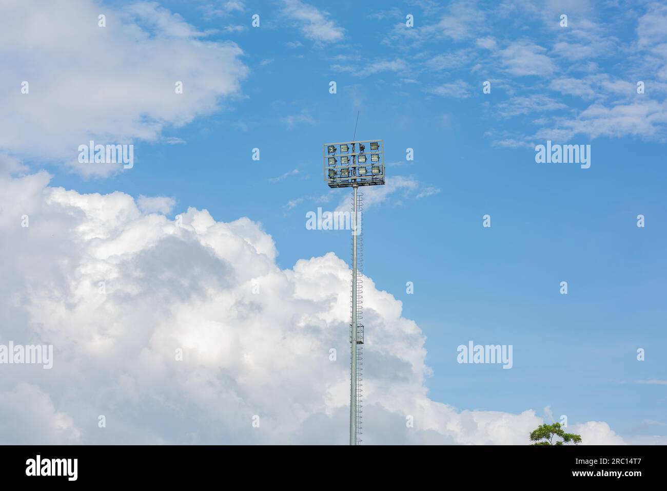 Spotlights are mounted on large poles and are numbered for use in large ...