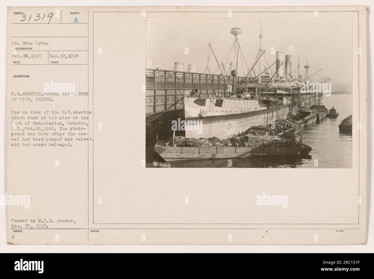 The photograph shows a bow-on view of the S.S. America, which sank at ...