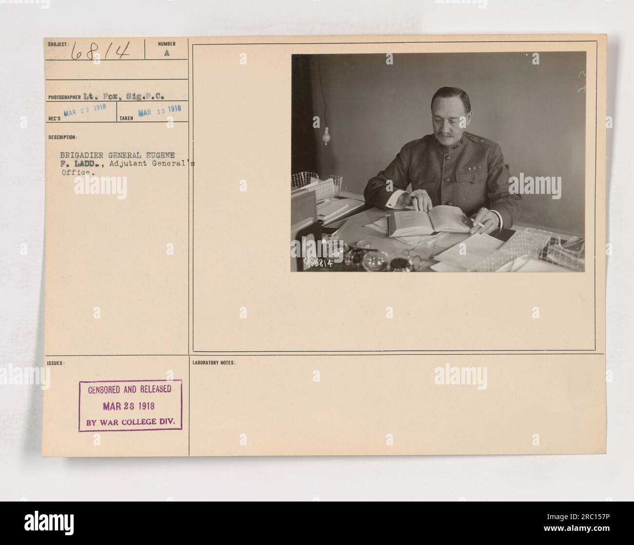 Brigadier General Eugene F. Ladd, Adjutant General, at his office ...