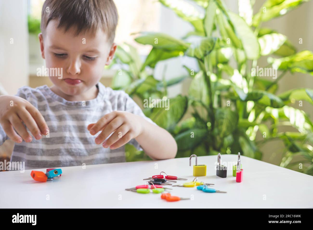 The child works with Montessori material with colored locks. Picks up ...
