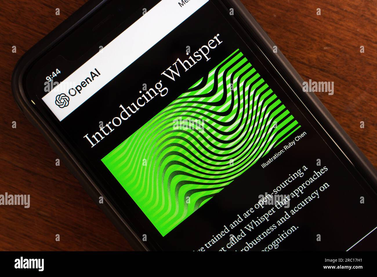 Website “Introducing Whisper” from OpenAI seen in an iPhone. Whisper is ... Website “Introducing Whisper” from OpenAI seen in an iPhone. Whisper is ...