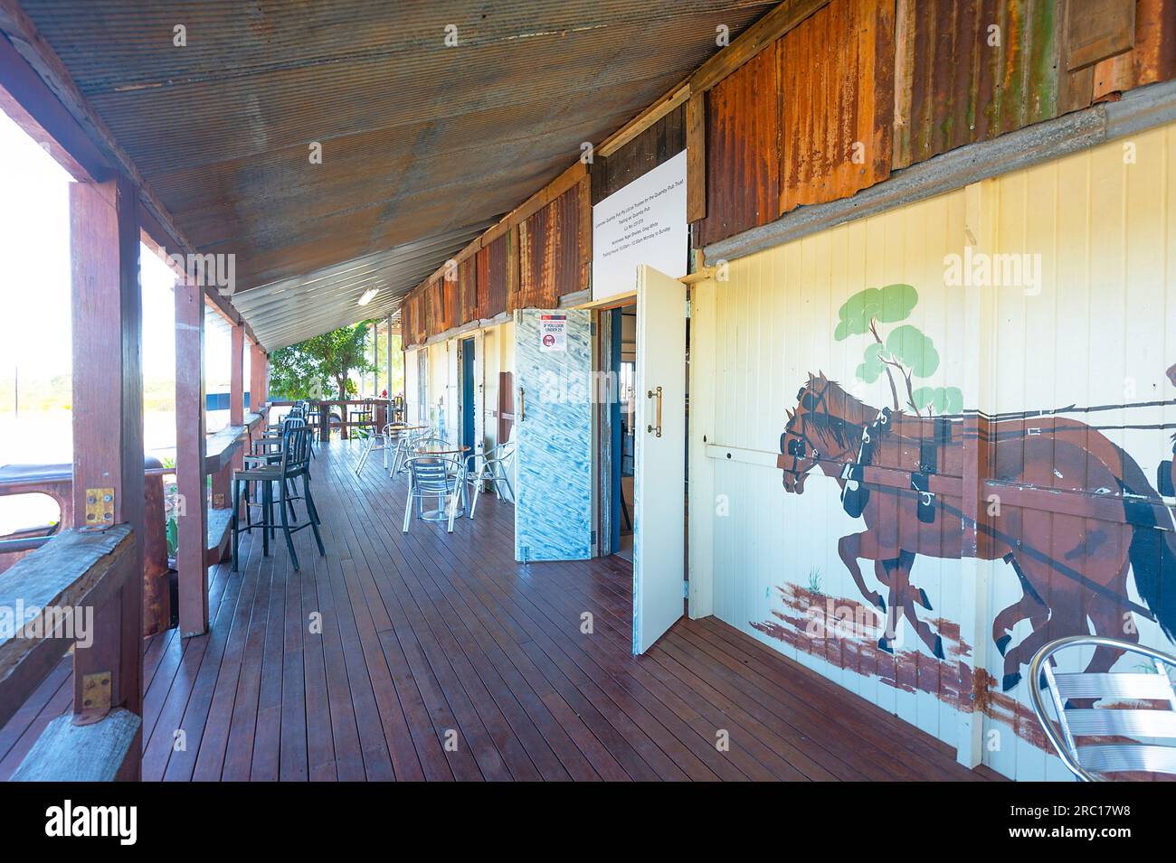 Terrace of the restored historic Quamby Pub, built 1860, near Cloncurry ...