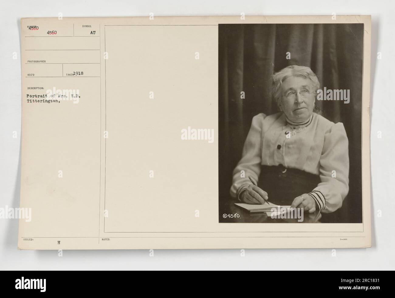 Portrait of Mrs. E.B. Titterington, taken during World War One. No ...