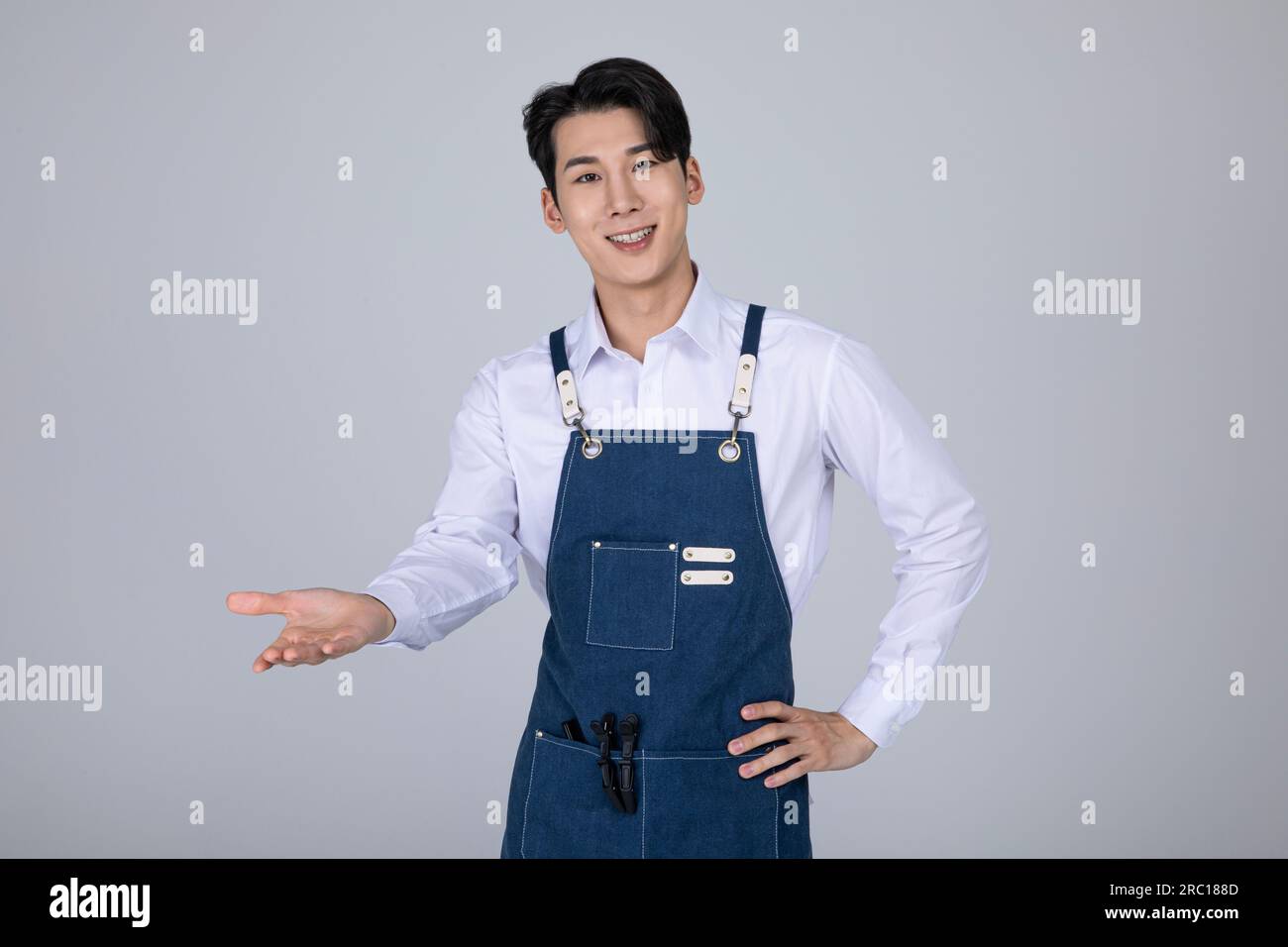 millennials and gen z, korean asian young man with hand guide Stock ...