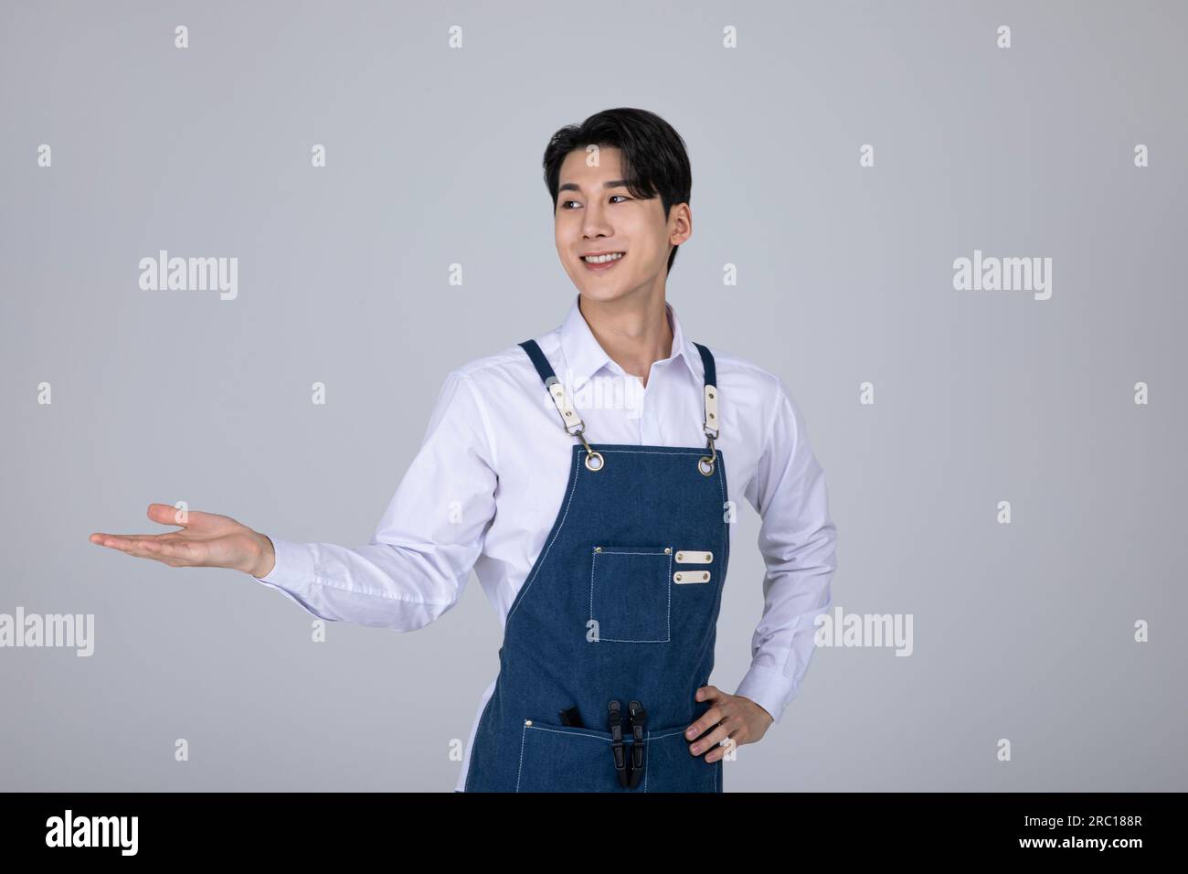 millennials and gen z, korean asian young man with hand guide Stock ...