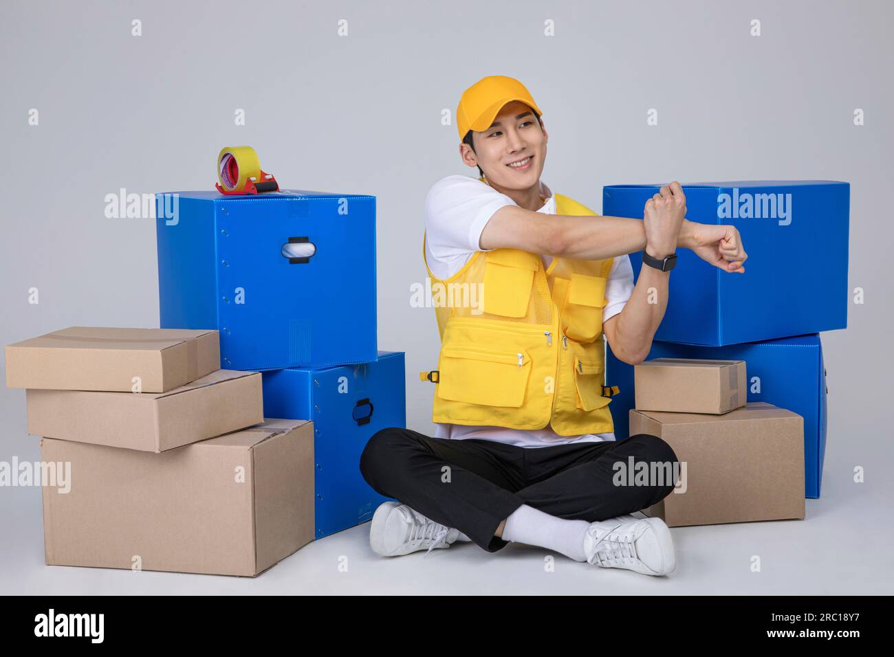 millennials and gen z, korean asian young man resting next to moving ...