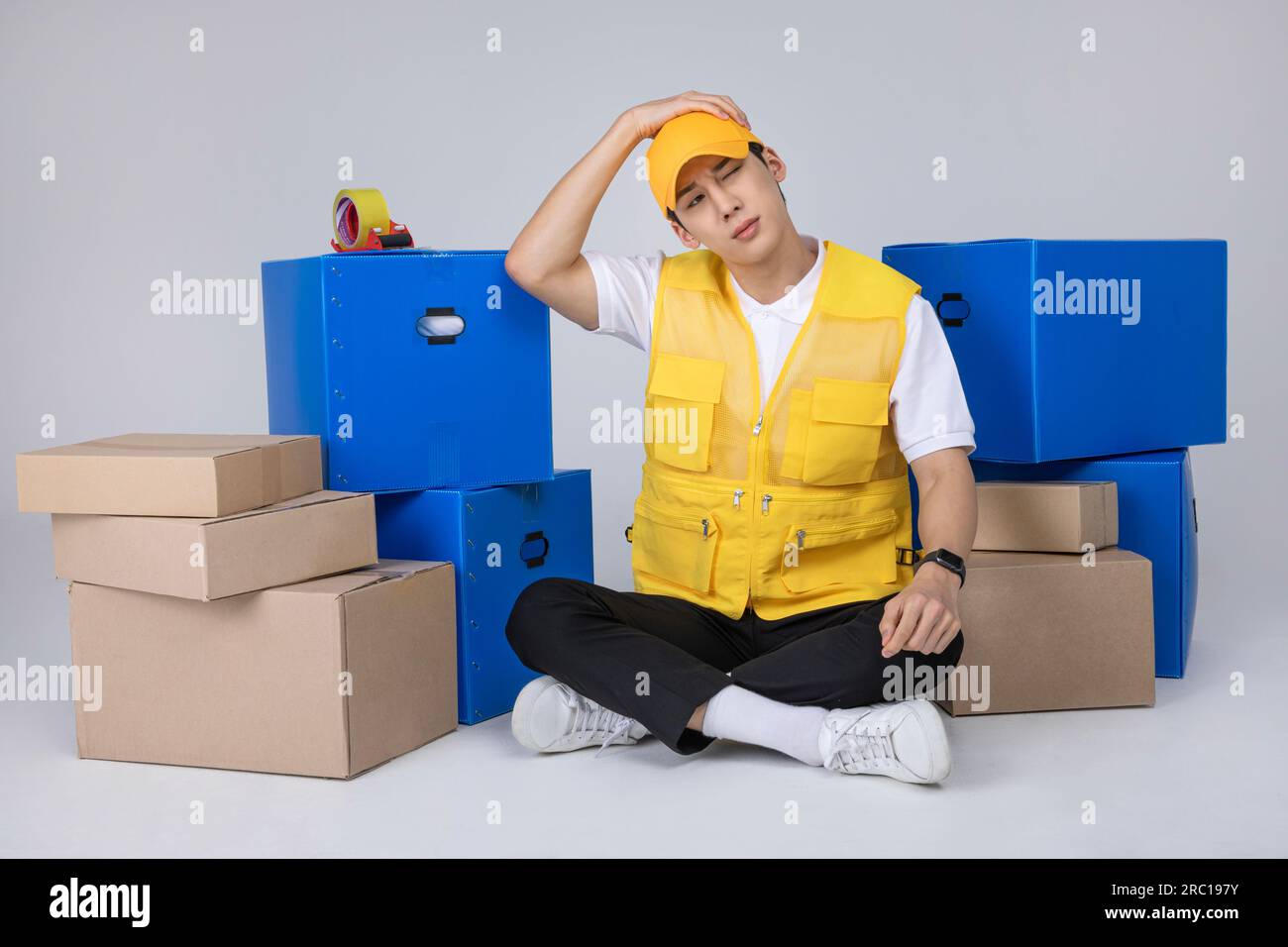 millennials and gen z, korean asian young man resting next to moving ...