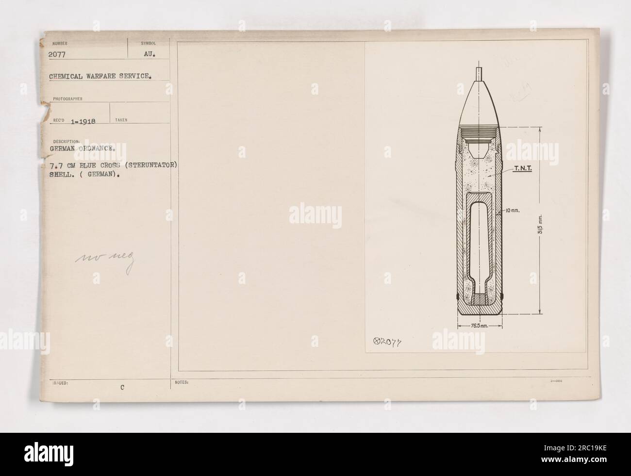 The image shows a 7.7cm Blue Cross Steruntator shell used by the German ...