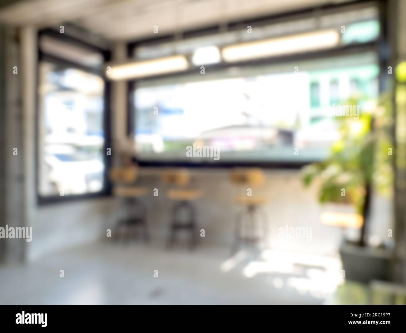 Abstract blurred modern cafe workspace, indoor interior restaurant ...