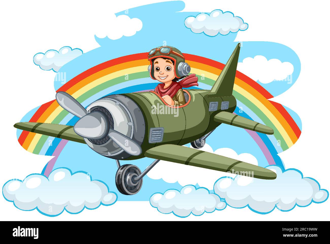 Happy Boy Riding Plane with Rainbow in the Sky illustration Stock ...