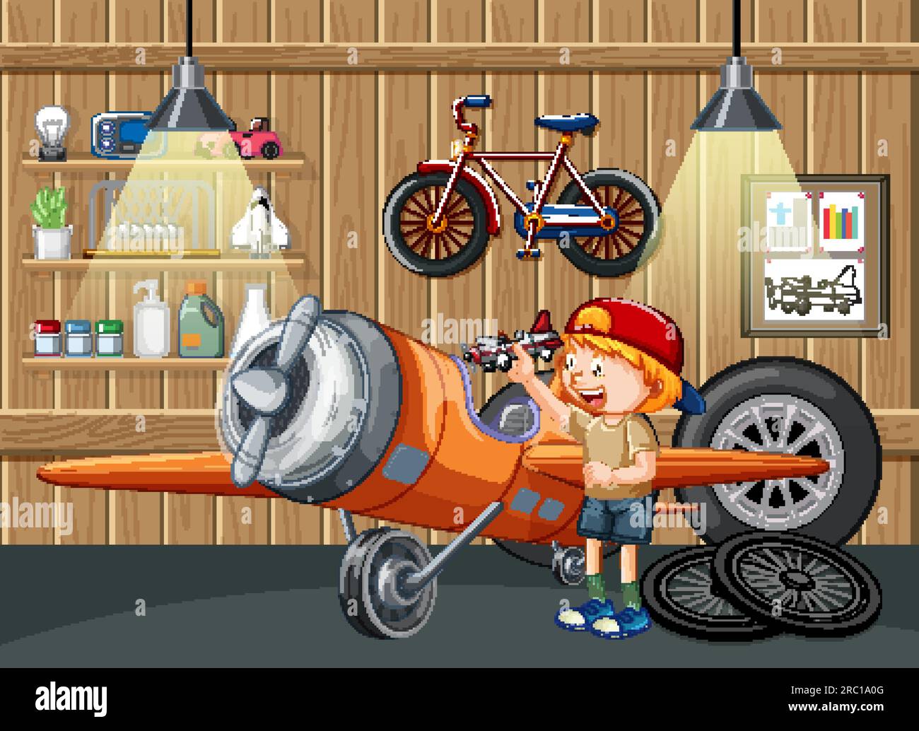 A plame parking at hangar with kid around illustration Stock Vector ...