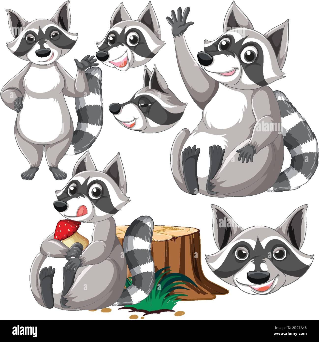 Set of raccoon cartoon character with head and facial expression ...