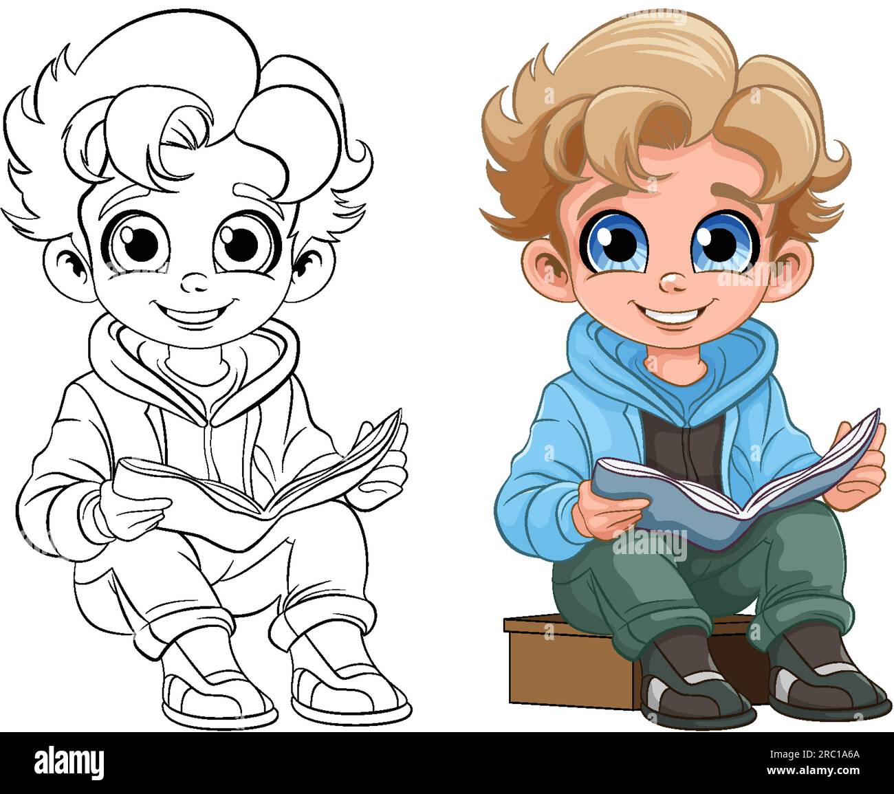 Boy sitting and reading the book and its outline illustration Stock ...
