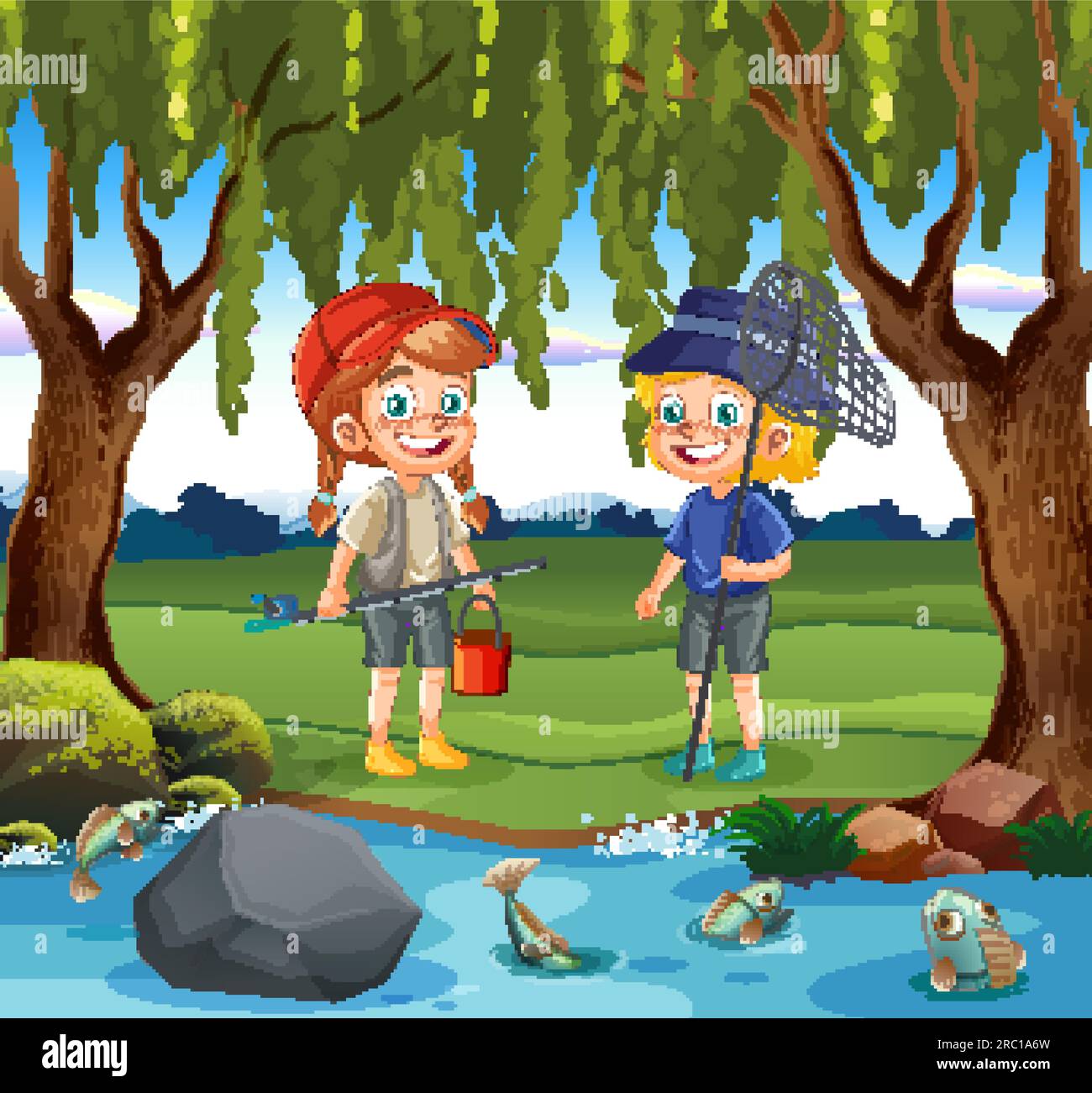 Kids Cartoon Characters Exploring Pond in Forest Scene illustration ...