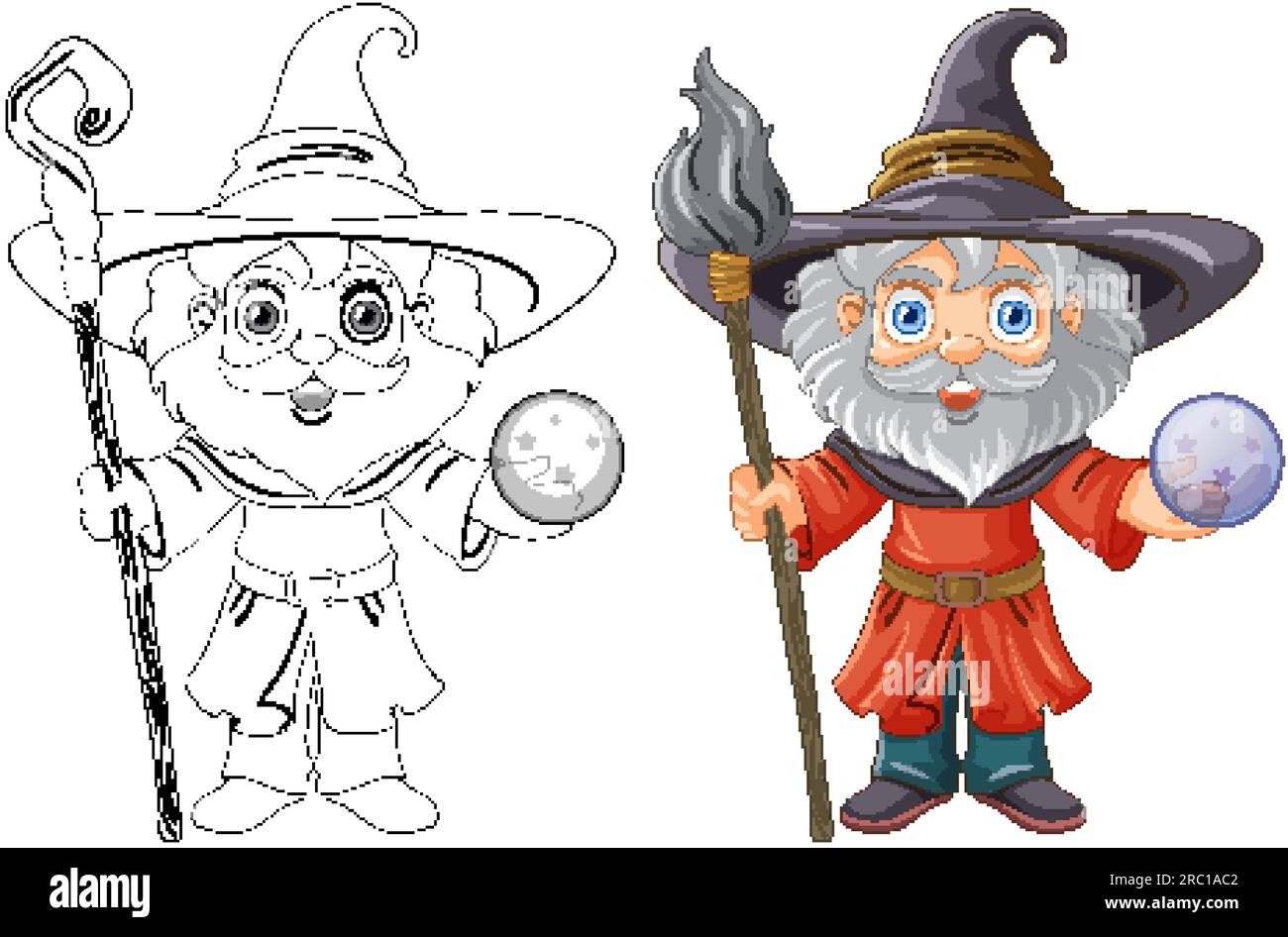 Old wizard wearing a hat with a long beard doodle coloring page for ...