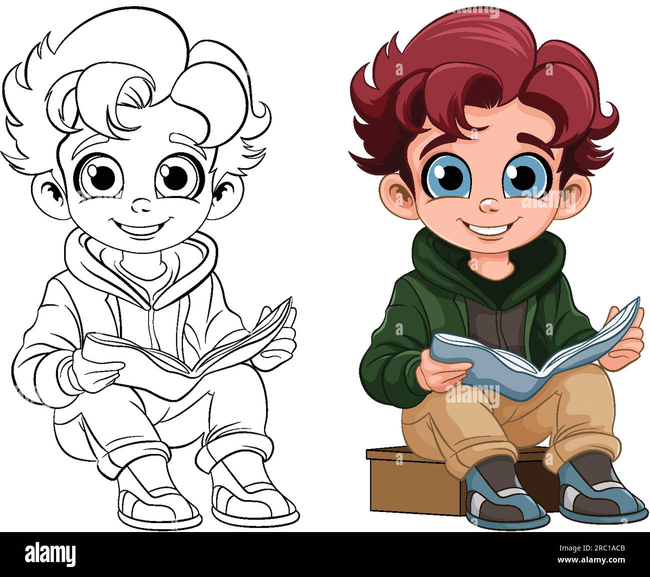 Boy sitting and reading the book and its outline illustration Stock ...