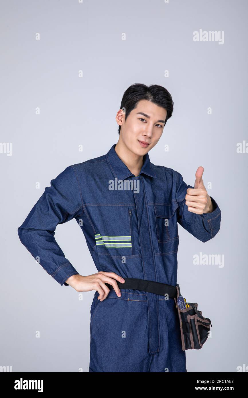 millennials and gen z, korean asian young man, site staff with hand ...