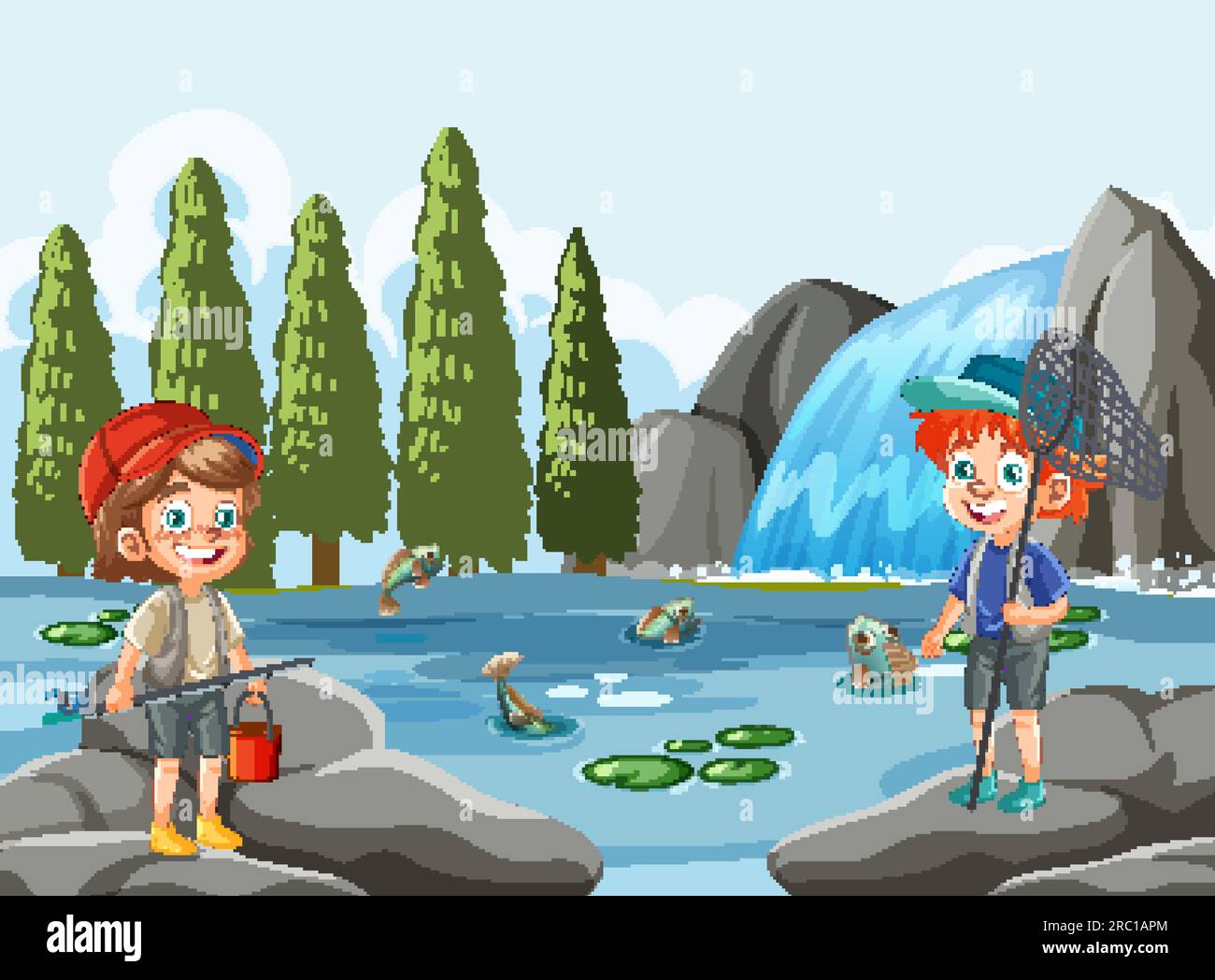 Kids Cartoon Characters Exploring Pond in Forest Scene illustration ...