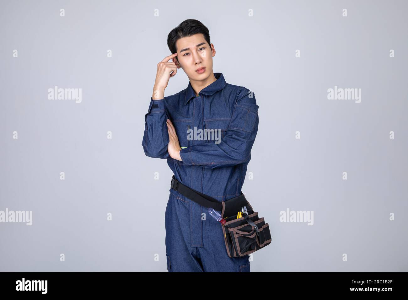 millennials and gen z, korean asian young man, site staff thinking ...